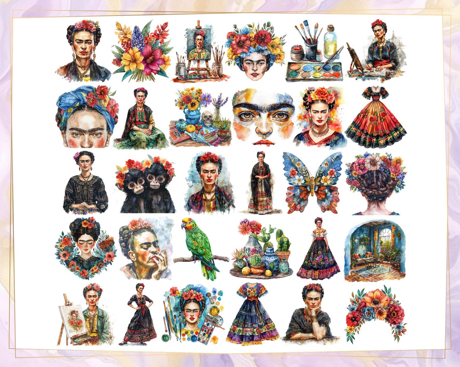 Frida Kahlo Illustrations. Iconic Mexican Painter, Vintage Traditional ...