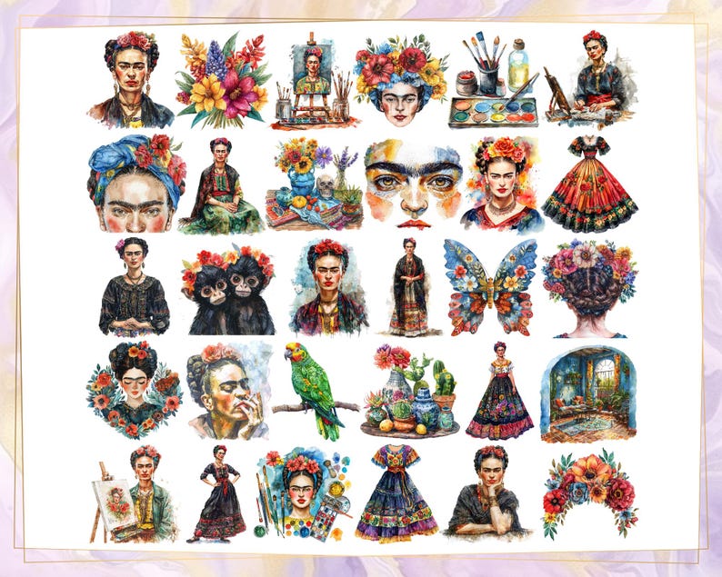 Frida Kahlo Illustrations. Iconic Mexican Painter, Vintage Traditional ...
