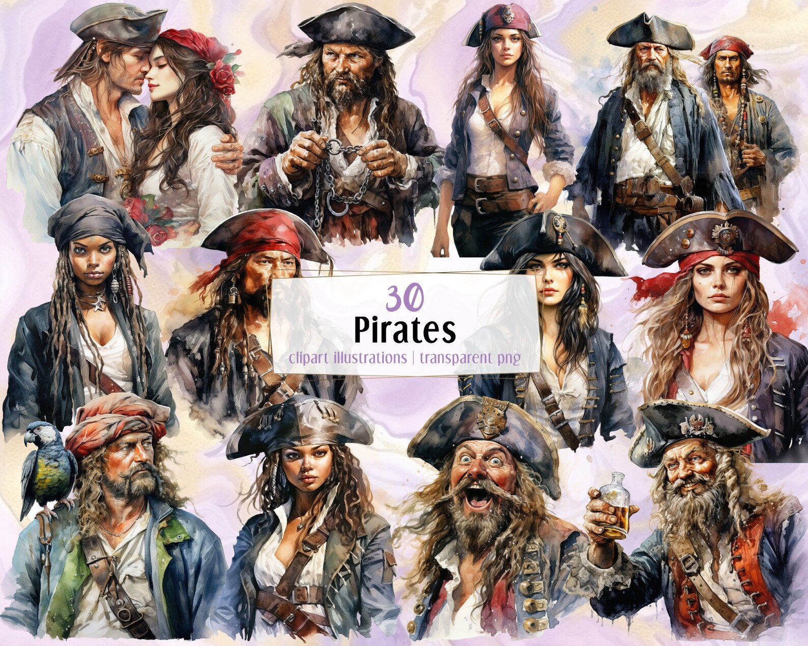 Pirates Illustrations. Piracy Themed Men and Women, Pirate Drinking ...