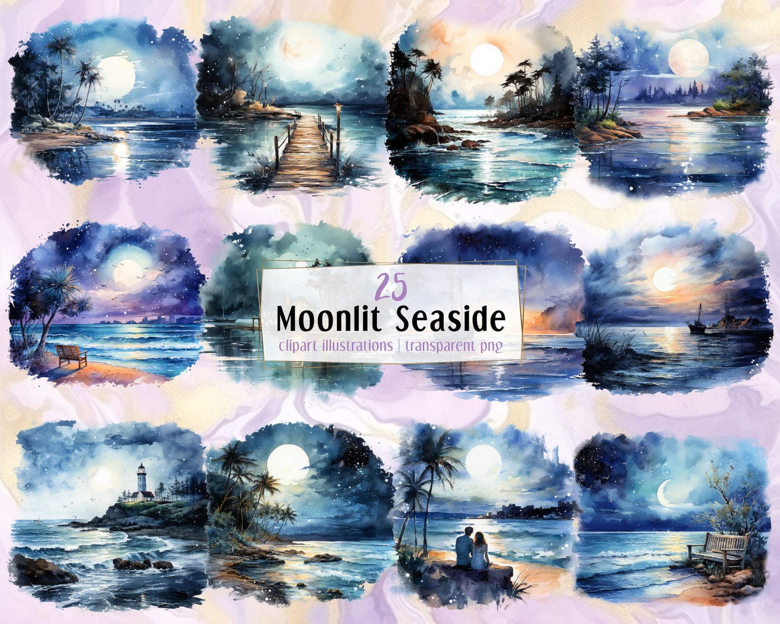 Moonlit Seaside Scenery Illustrations. Dark Romantic Waterfront ...