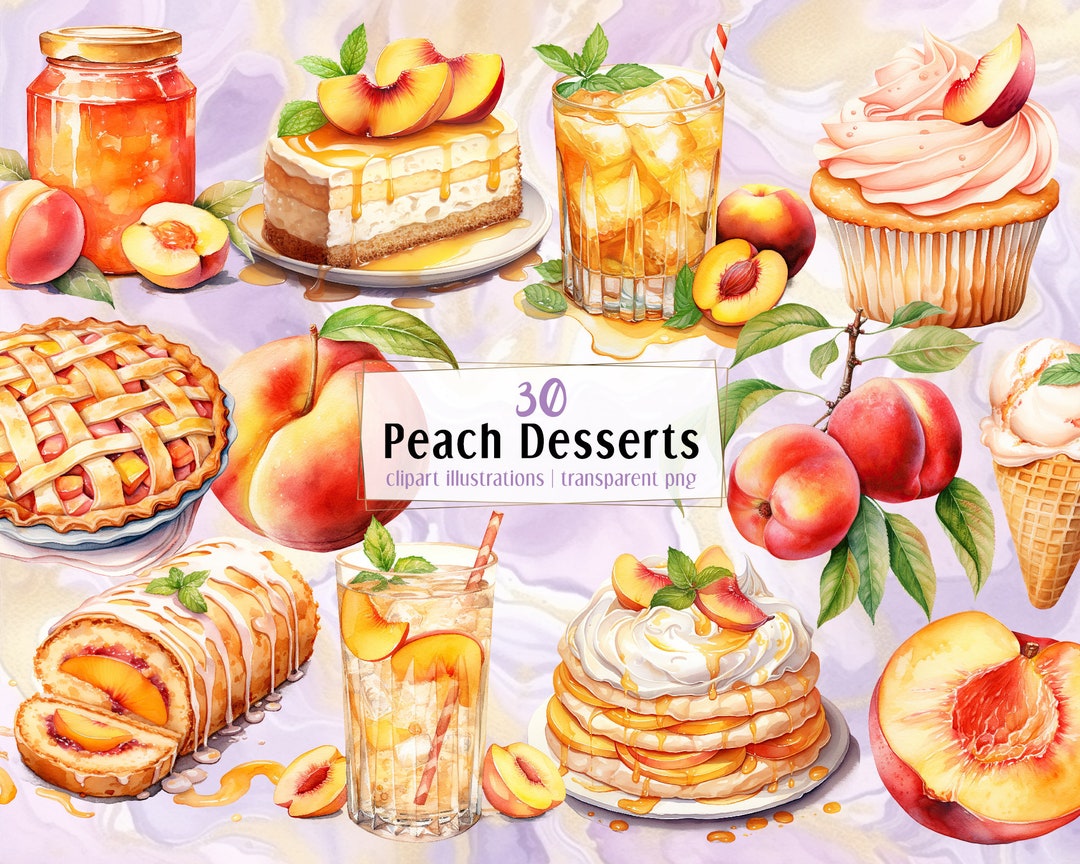 Peach Desserts. Watercolor Style Illustrations. Peachy Pastry, Peaches ...