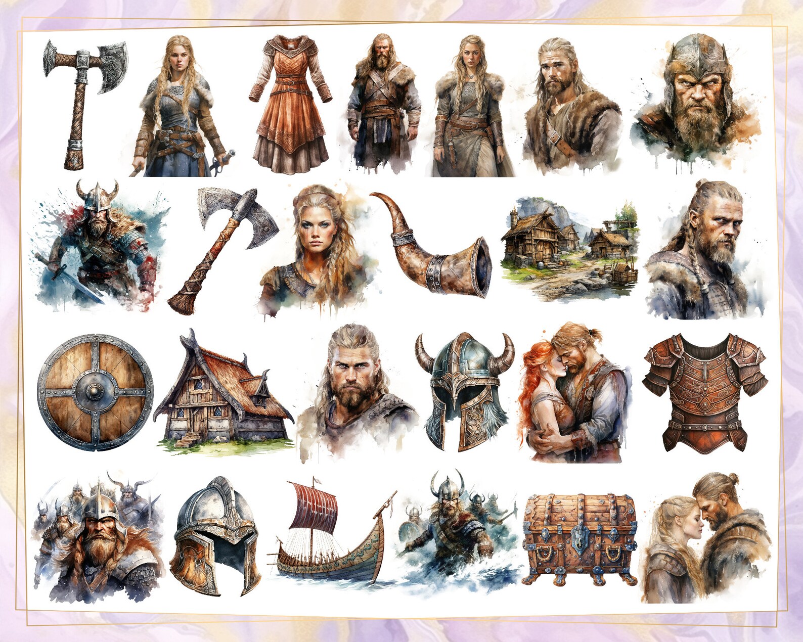 Viking Age, Watercolor Style Illustrations. Norsemen Life Objects ...