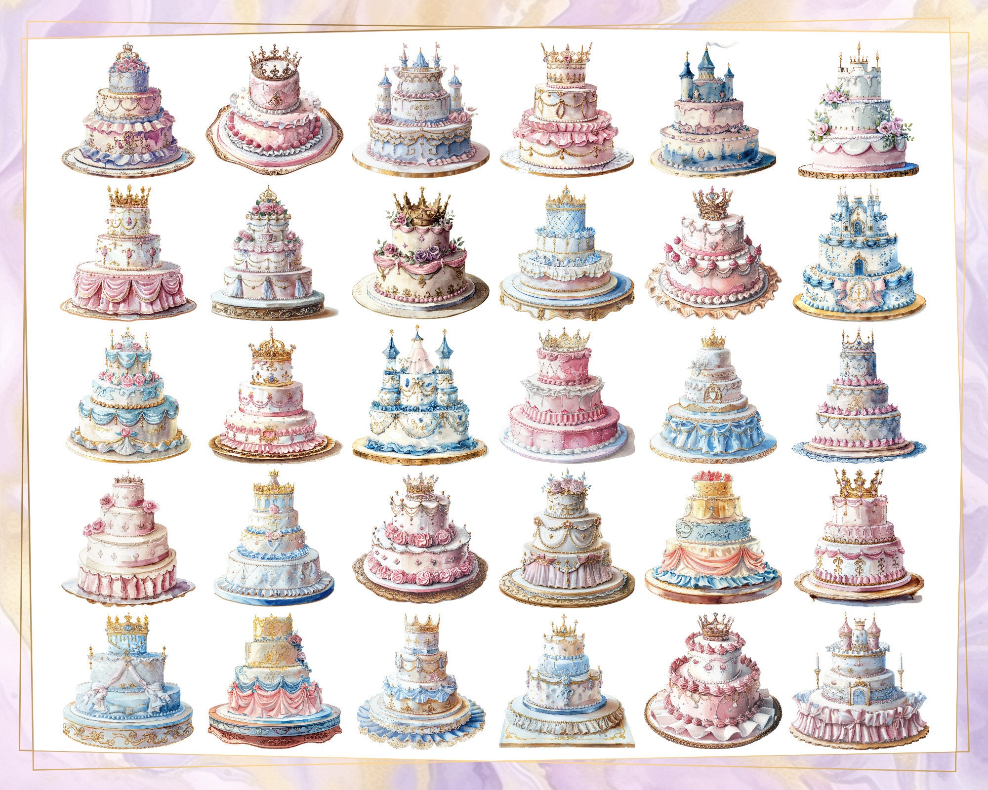 Princess Cake Illustrations. Wedding & Birthday Cakes, Girly Dreamy ...