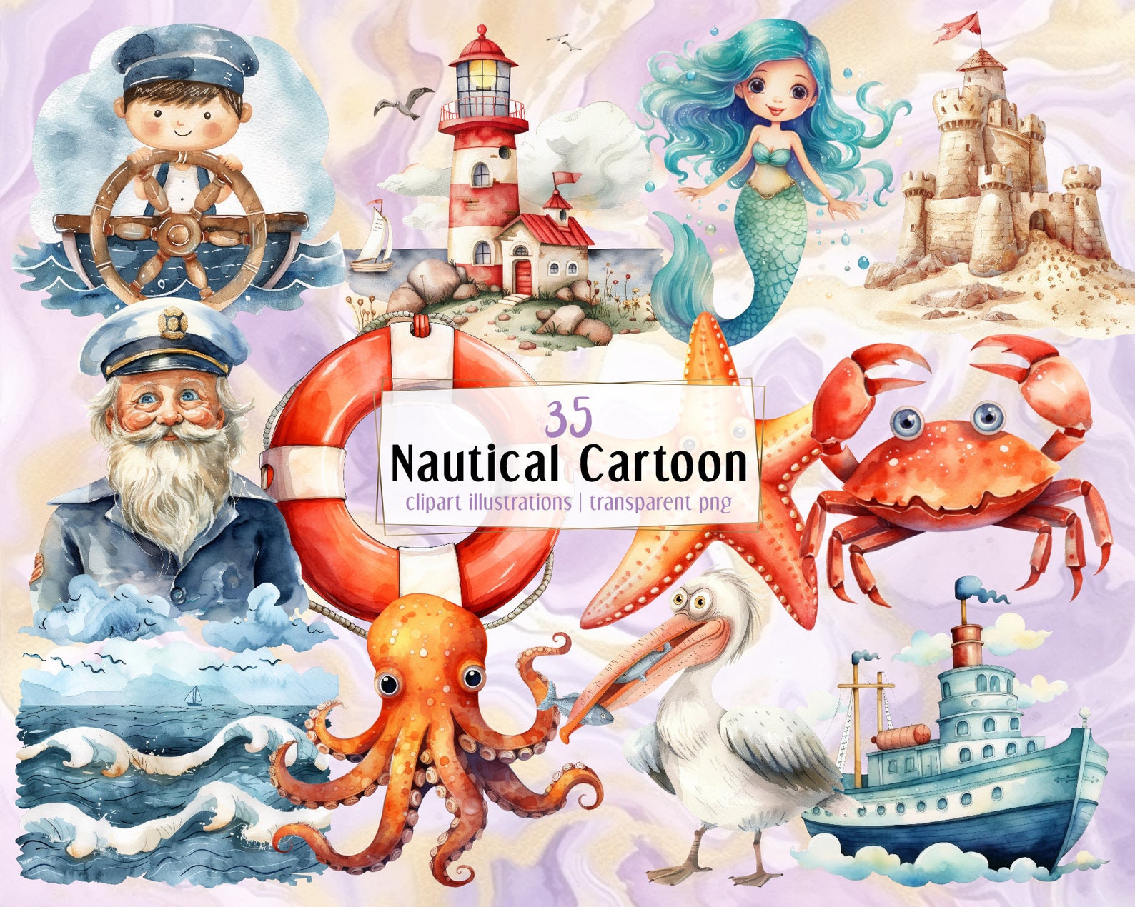 Nautical Cartoon Illustrations. Cute Sailor Kid, Ship, Maritime Objects ...