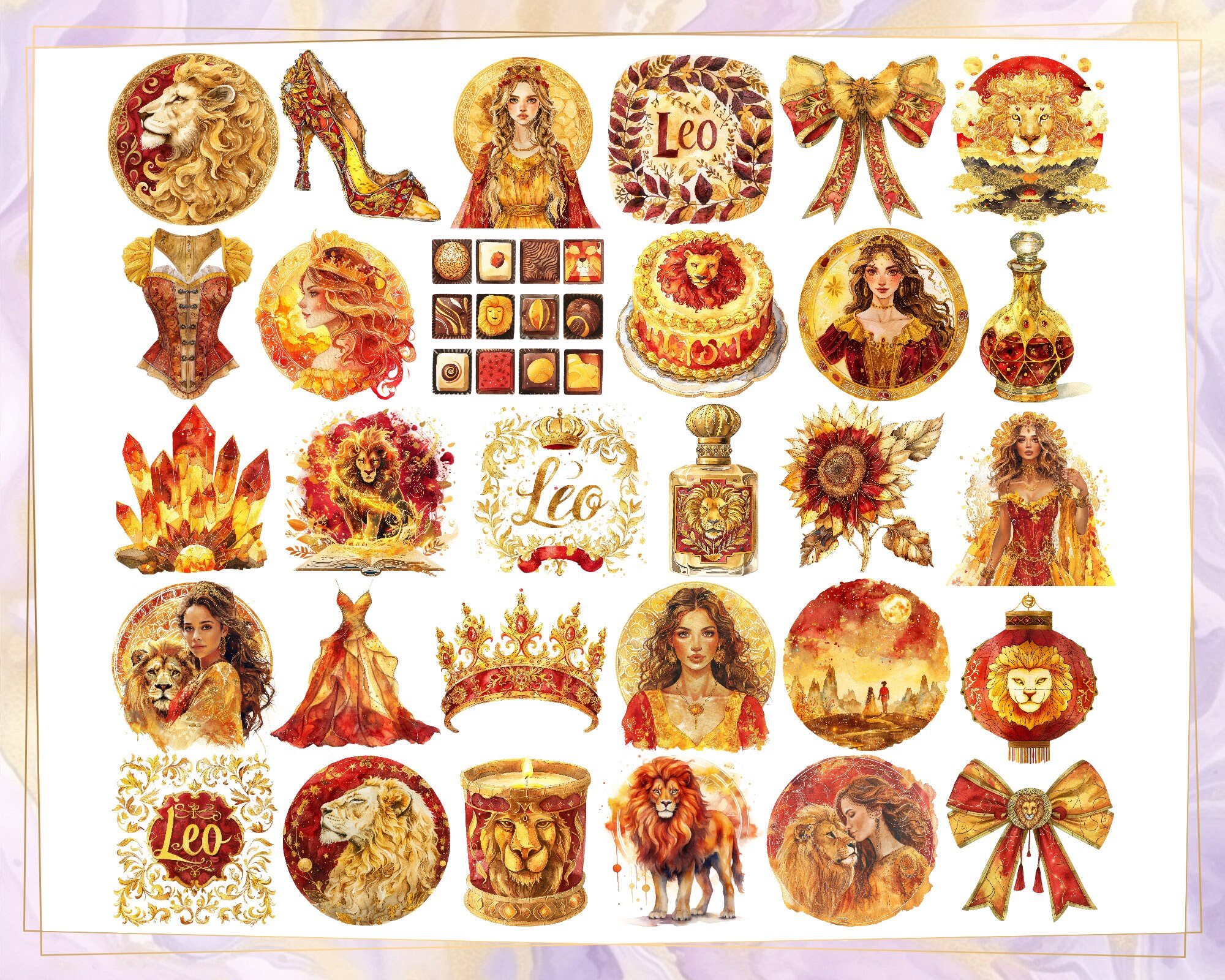 Leo Inspired Illustrations. Lion Birthday Zodiac Sign Themed Objects ...