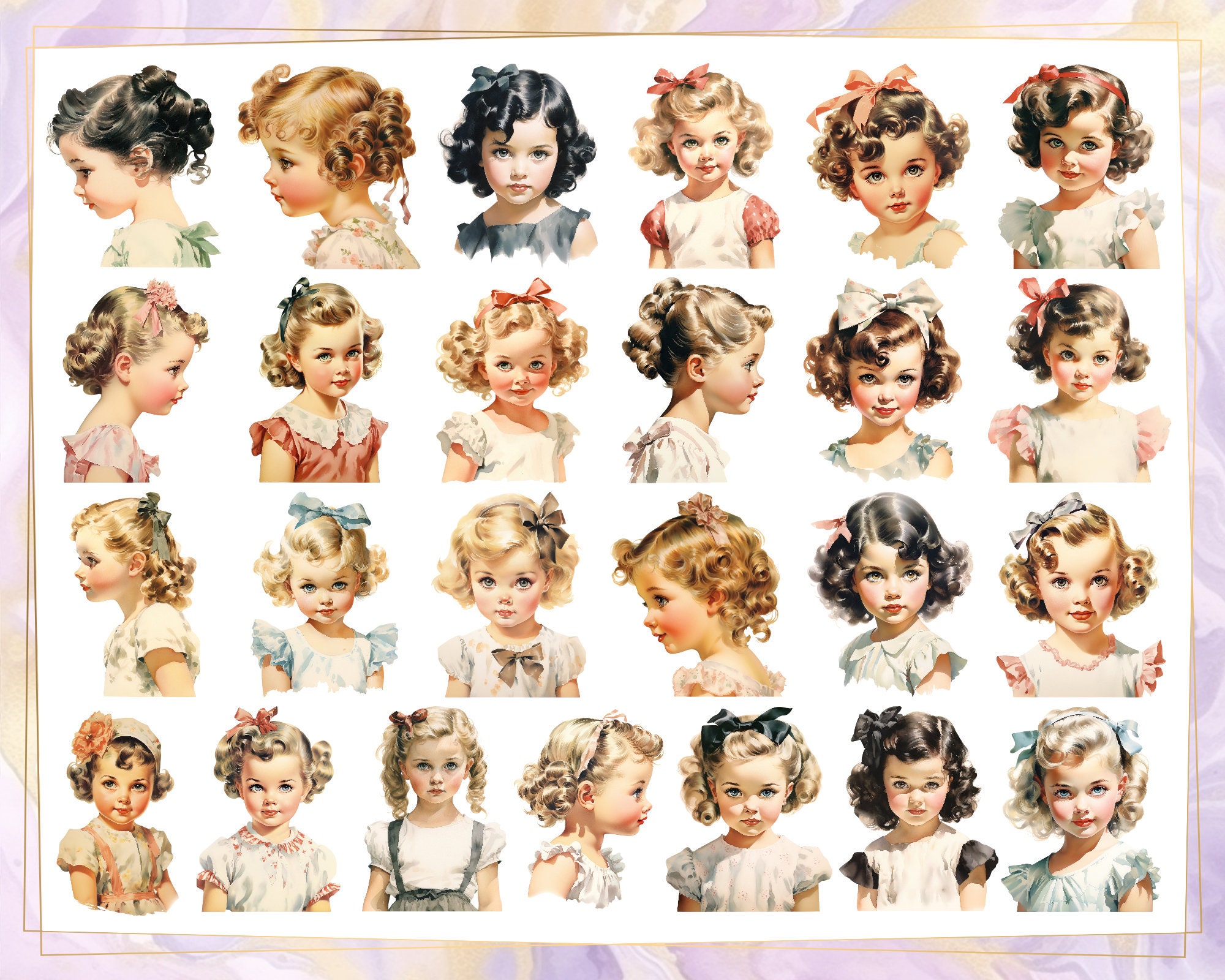 Retro Girl Portrait Illustrations. Adorable Vintage 50's Style Girls ...