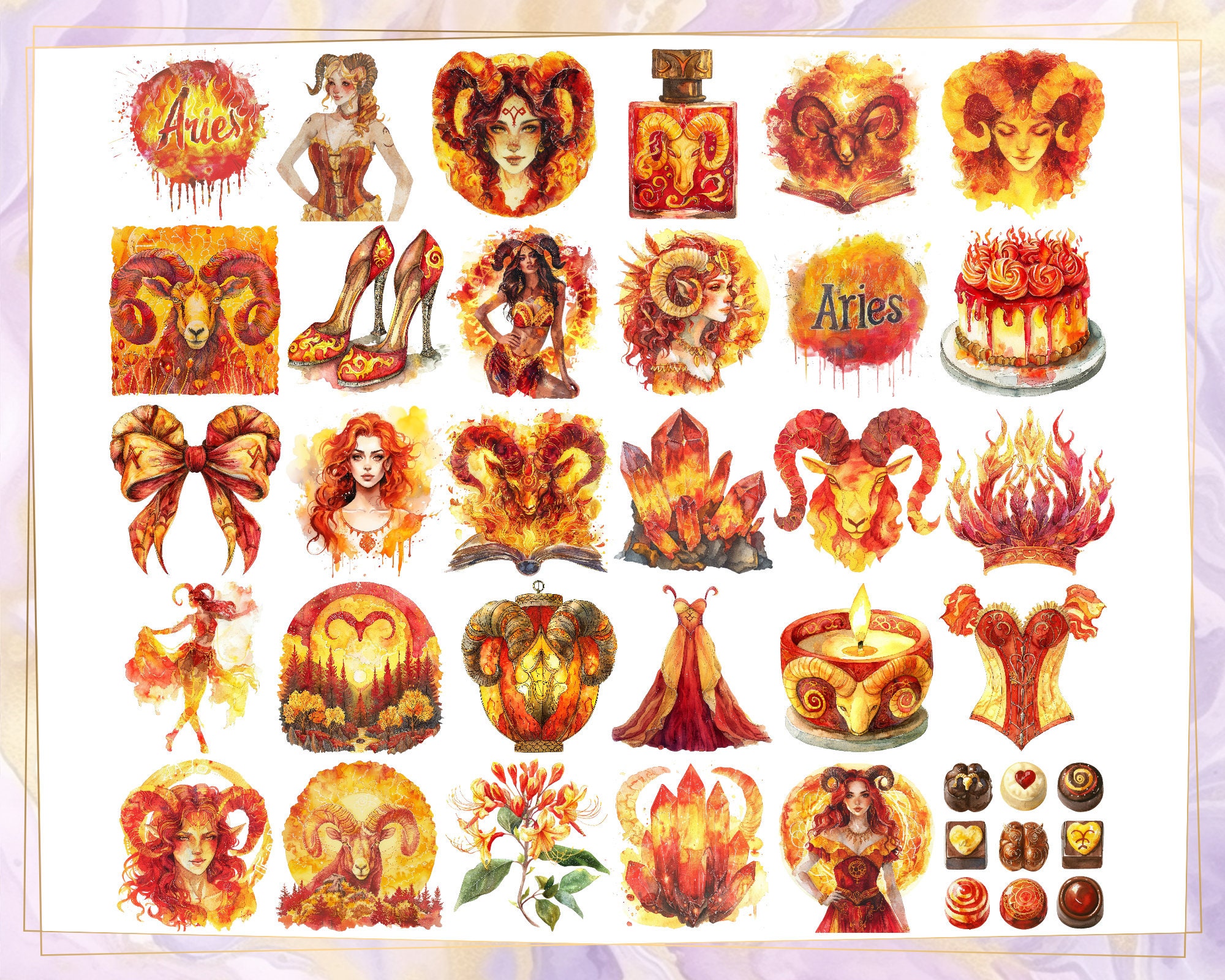 Aries Inspired Illustrations. Ram Birthday Zodiac Sign Themed Objects ...