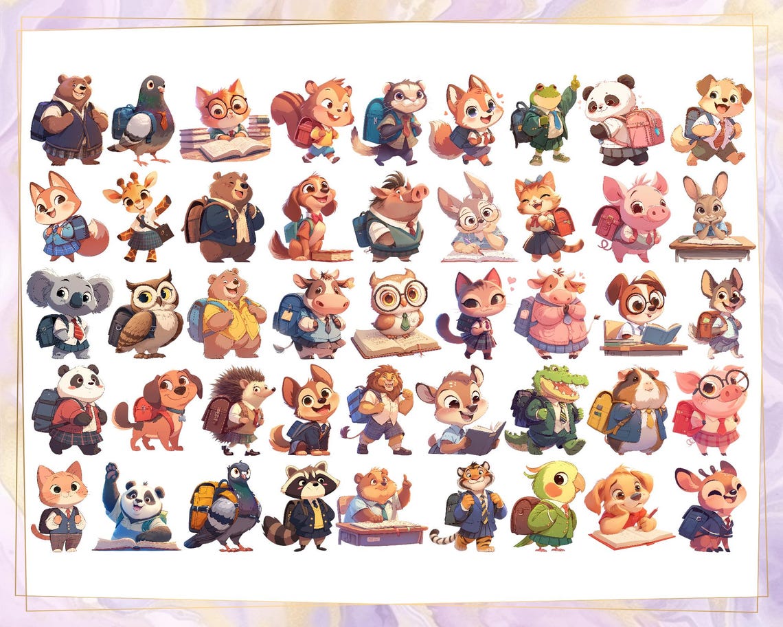 Cartoon School Animal Illustrations. Cute Adorable Animals and Pets ...