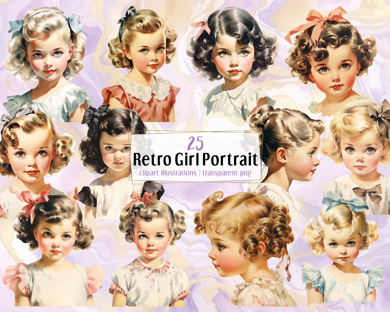 Retro Girl Portrait Illustrations. Adorable Vintage 50's Style Girls ...