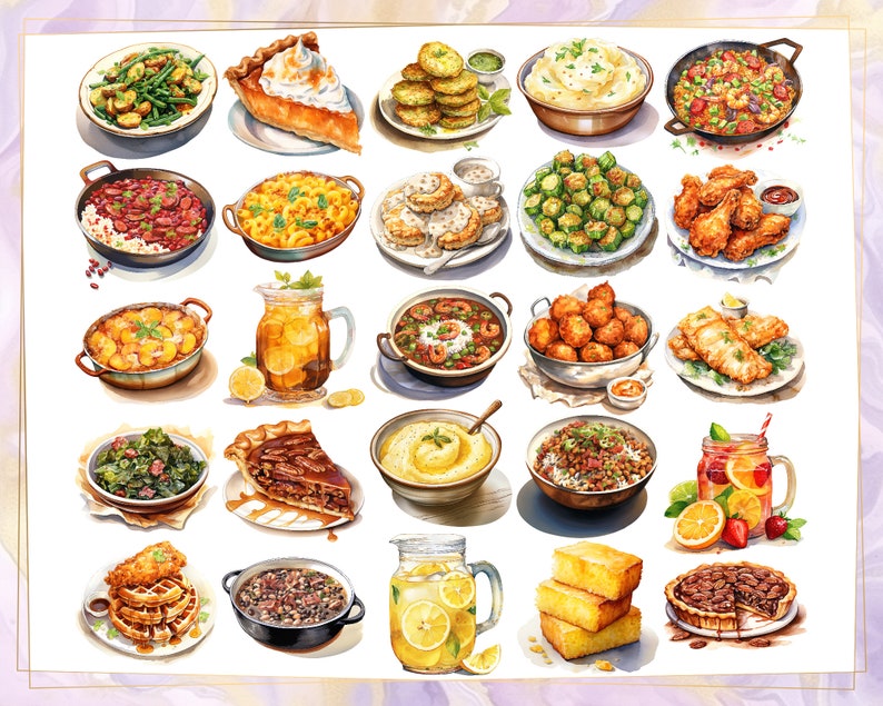 Soul Food Illustrations. Southern Cuisine Dishes, Drinks & Desserts ...