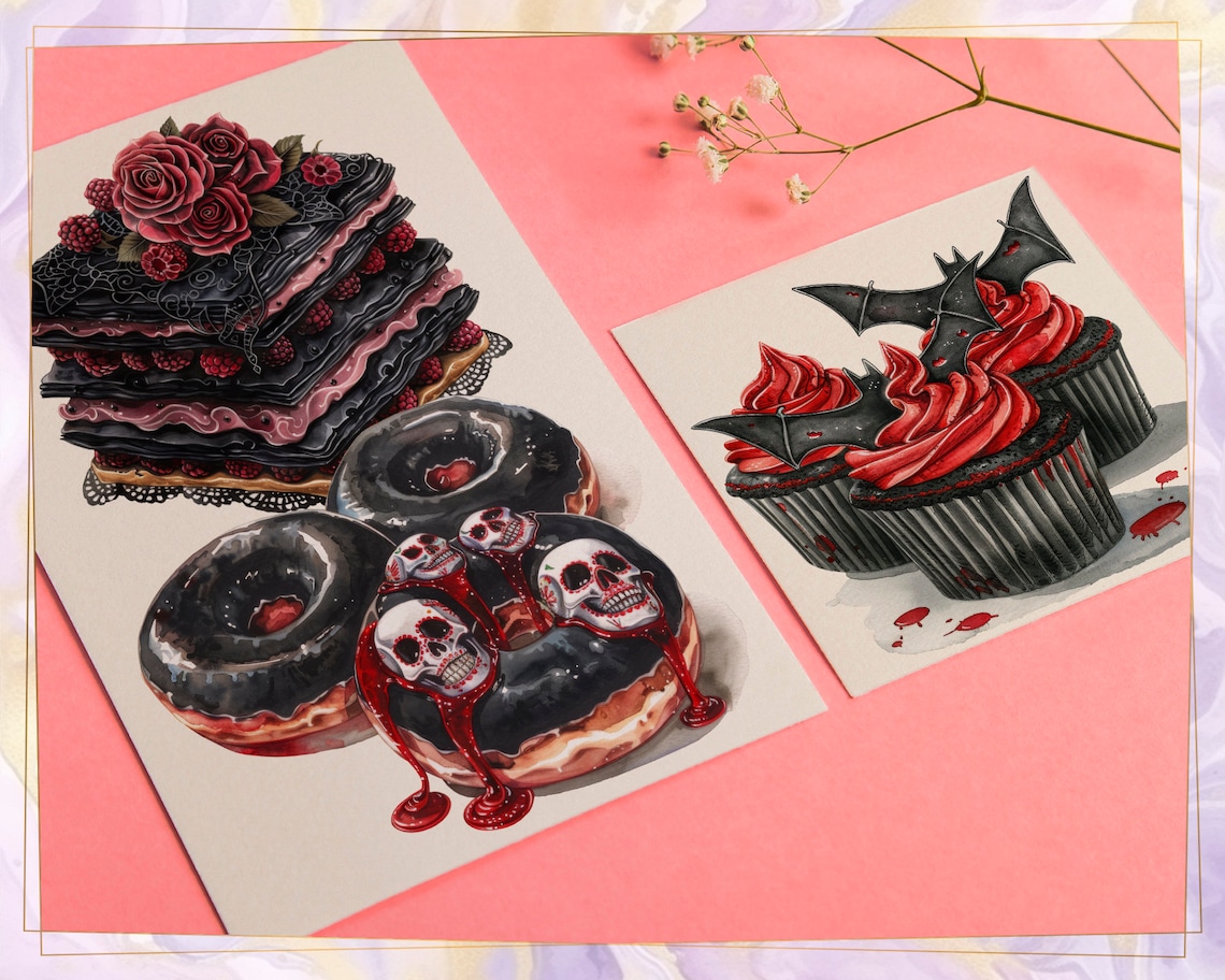Vampiric Dessert Illustrations. Dark Gothic Style Pastry, Black and Red ...