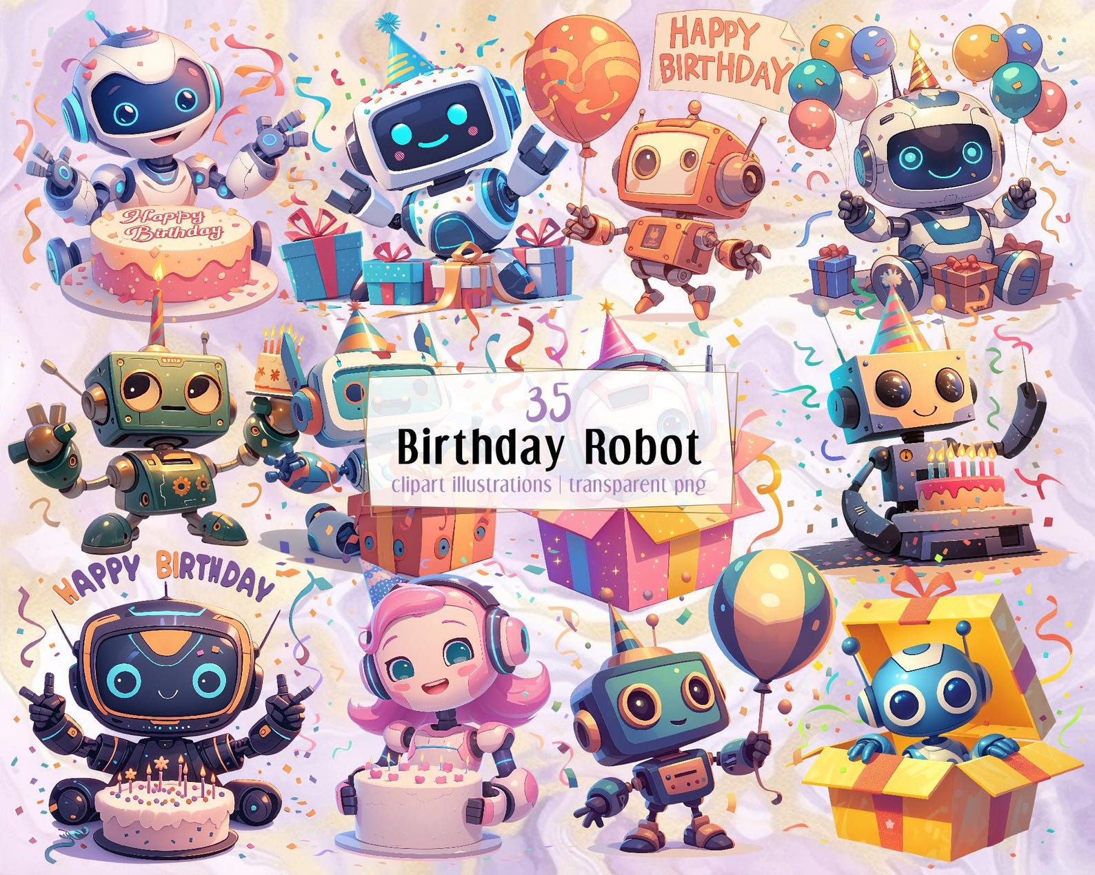 Cartoon Birthday Robot Illustrations. Cute Adorable Robots Celebrating ...