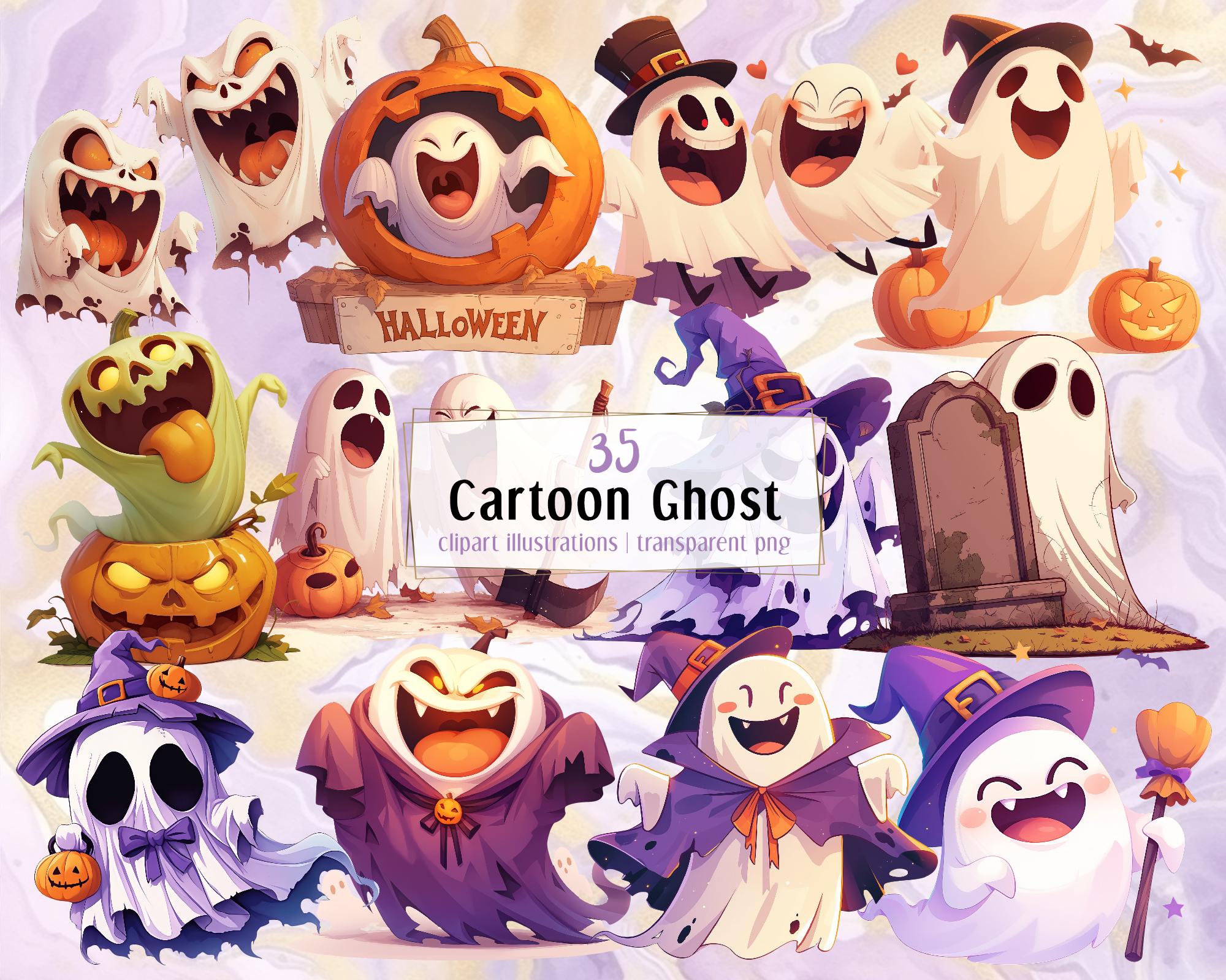 Cartoon Ghost, Digital Illustrations. Cute Funny Spooky Ghosts ...