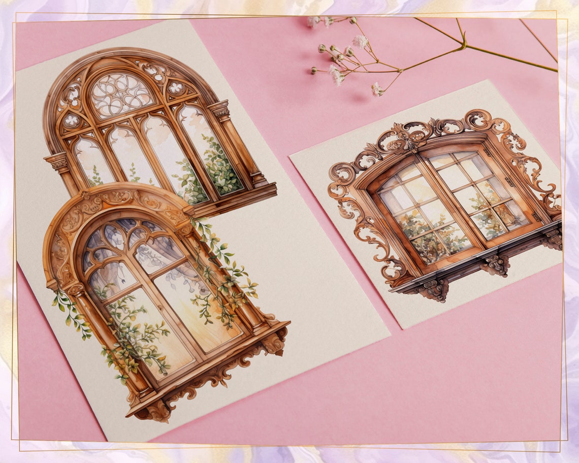 Wooden Windows. Watercolor Style Illustrations. Ornate Carved Wood ...