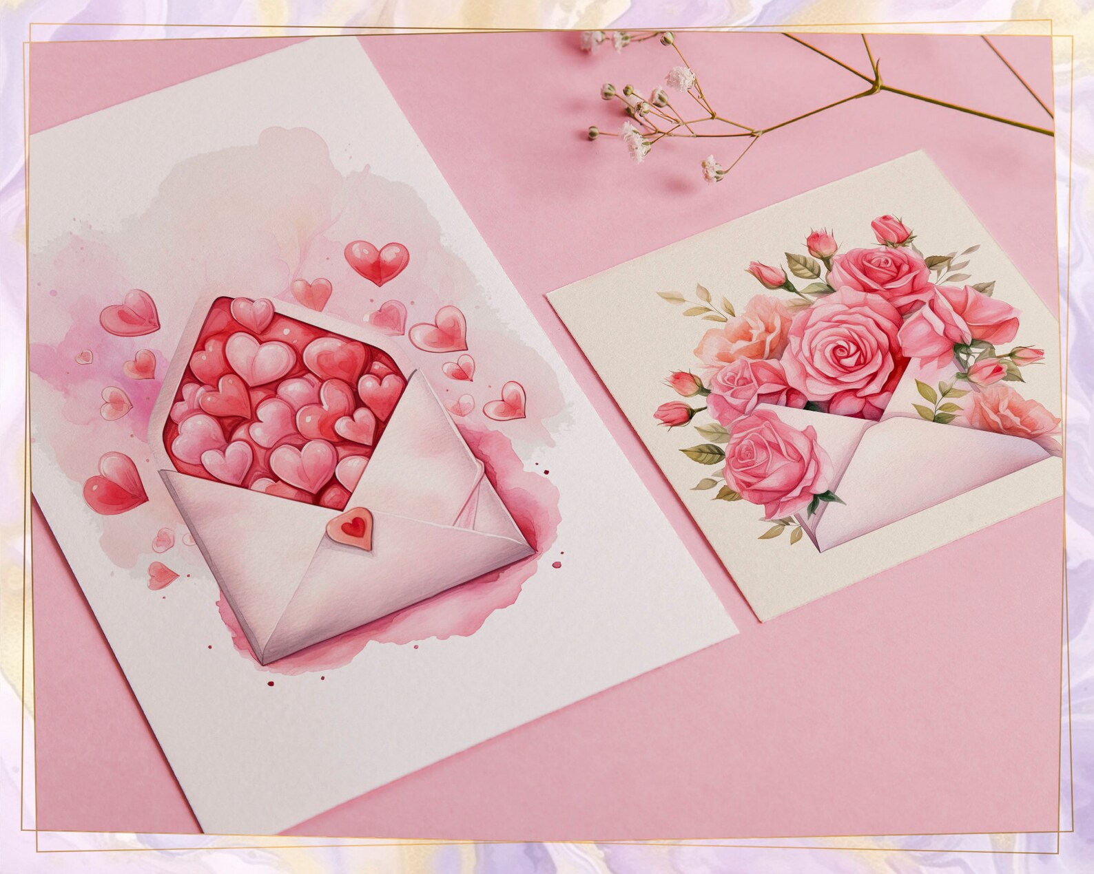 Love Envelope. Watercolor Style Illustrations. Romantic Hearts and Pink ...