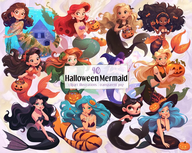 Cartoon Halloween Mermaid Illustrations. Cute Fairytale Fantasy ...