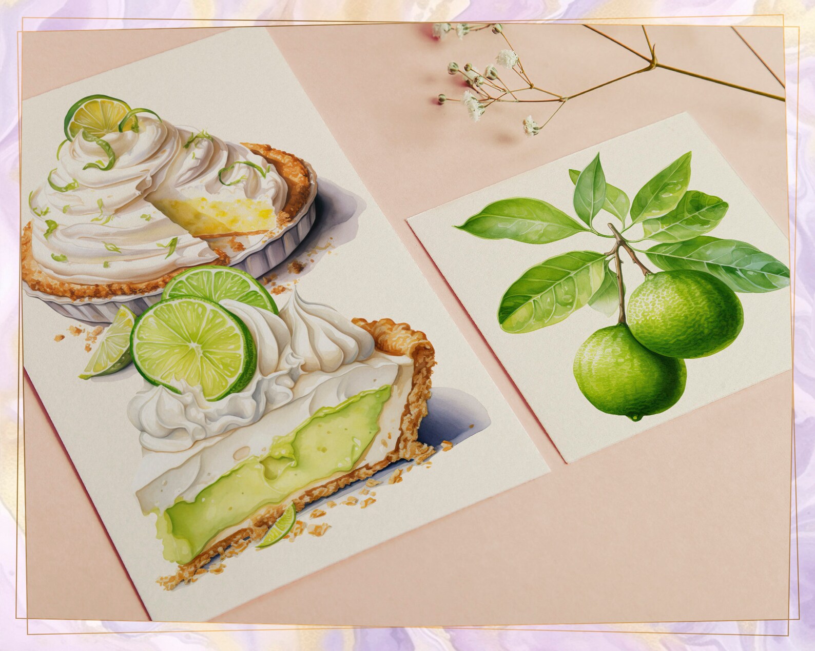 Lime Dessert. Watercolor Style Illustrations. Green Fruity Pastry, Key ...