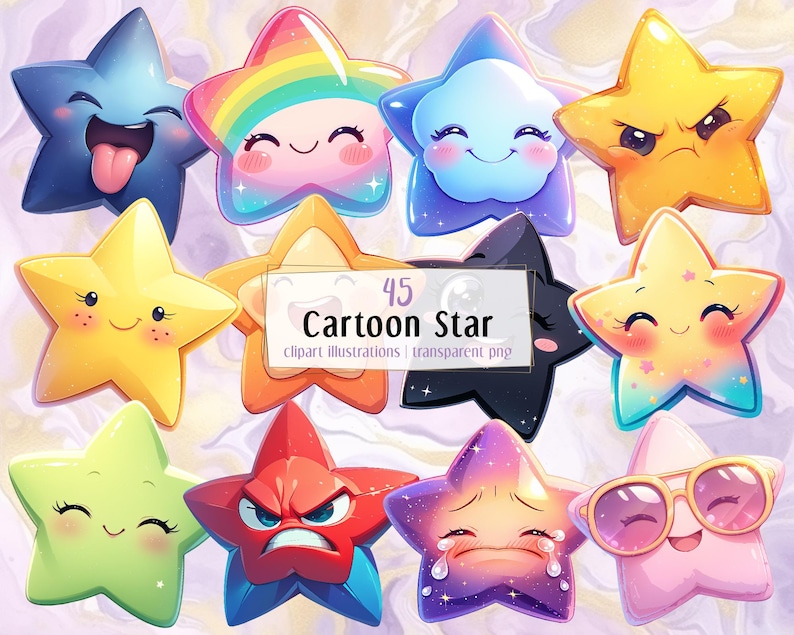 Cartoon Star, Digital Illustrations. Cute Colorful Stars, Happy Angry ...
