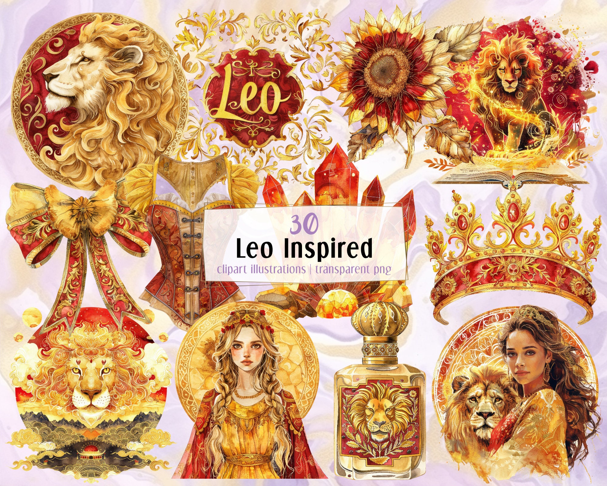 Leo Inspired Illustrations. Lion Birthday Zodiac Sign Themed Objects ...