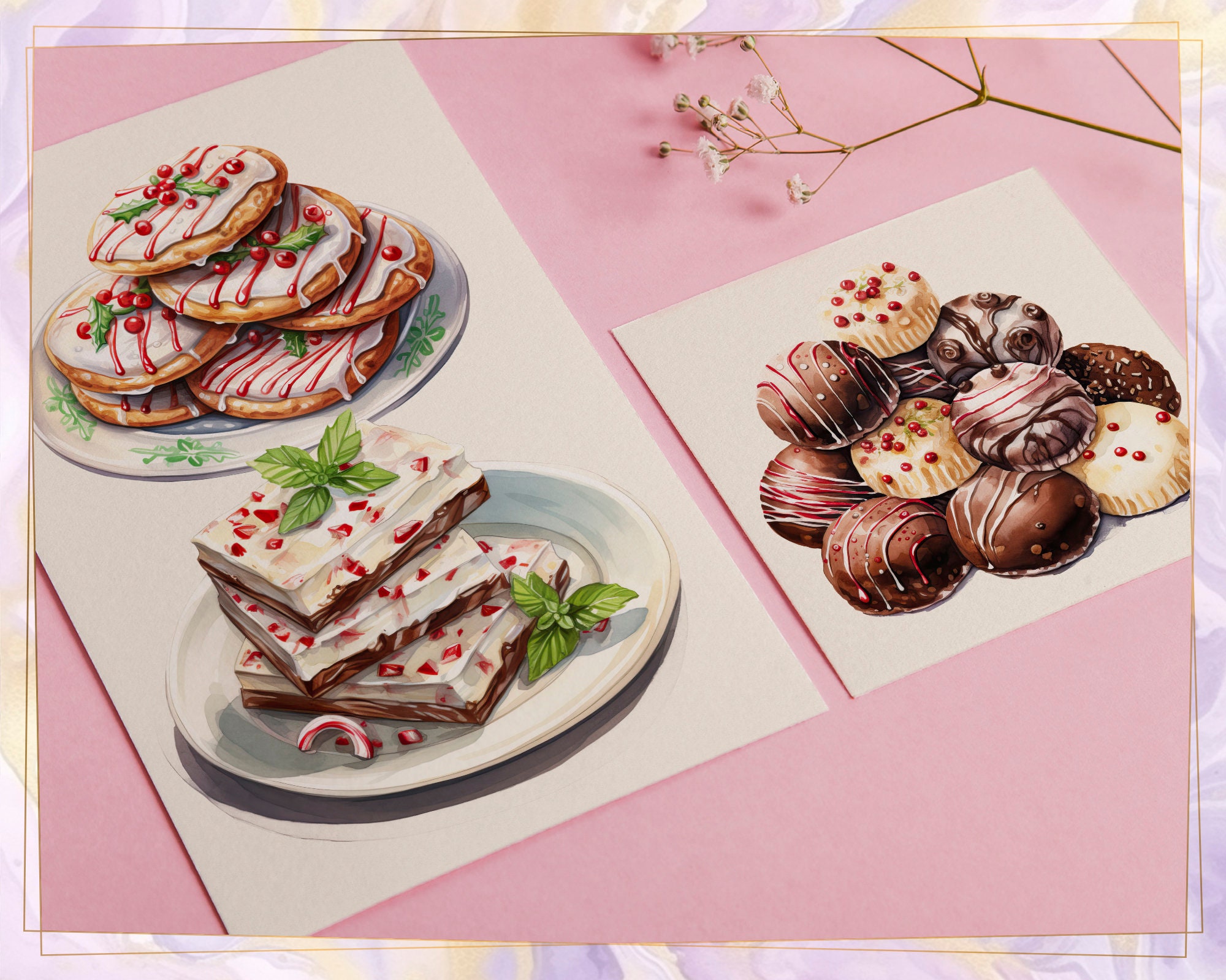 Christmas Dessert. Watercolor Style Illustrations. Traditional Festive ...