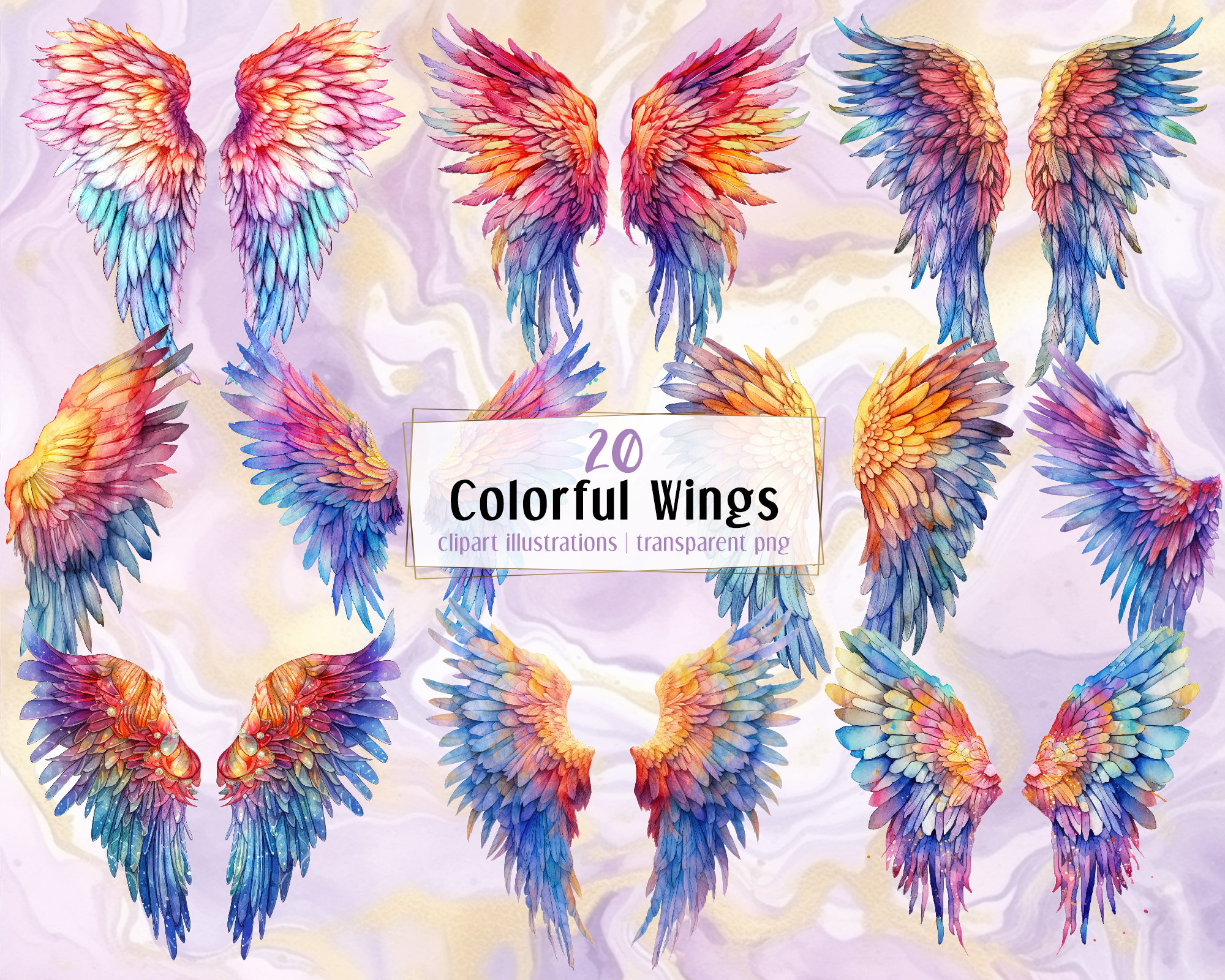 Colorful Wing, Watercolor Style Illustrations. Multi Colored, Rainbow ...