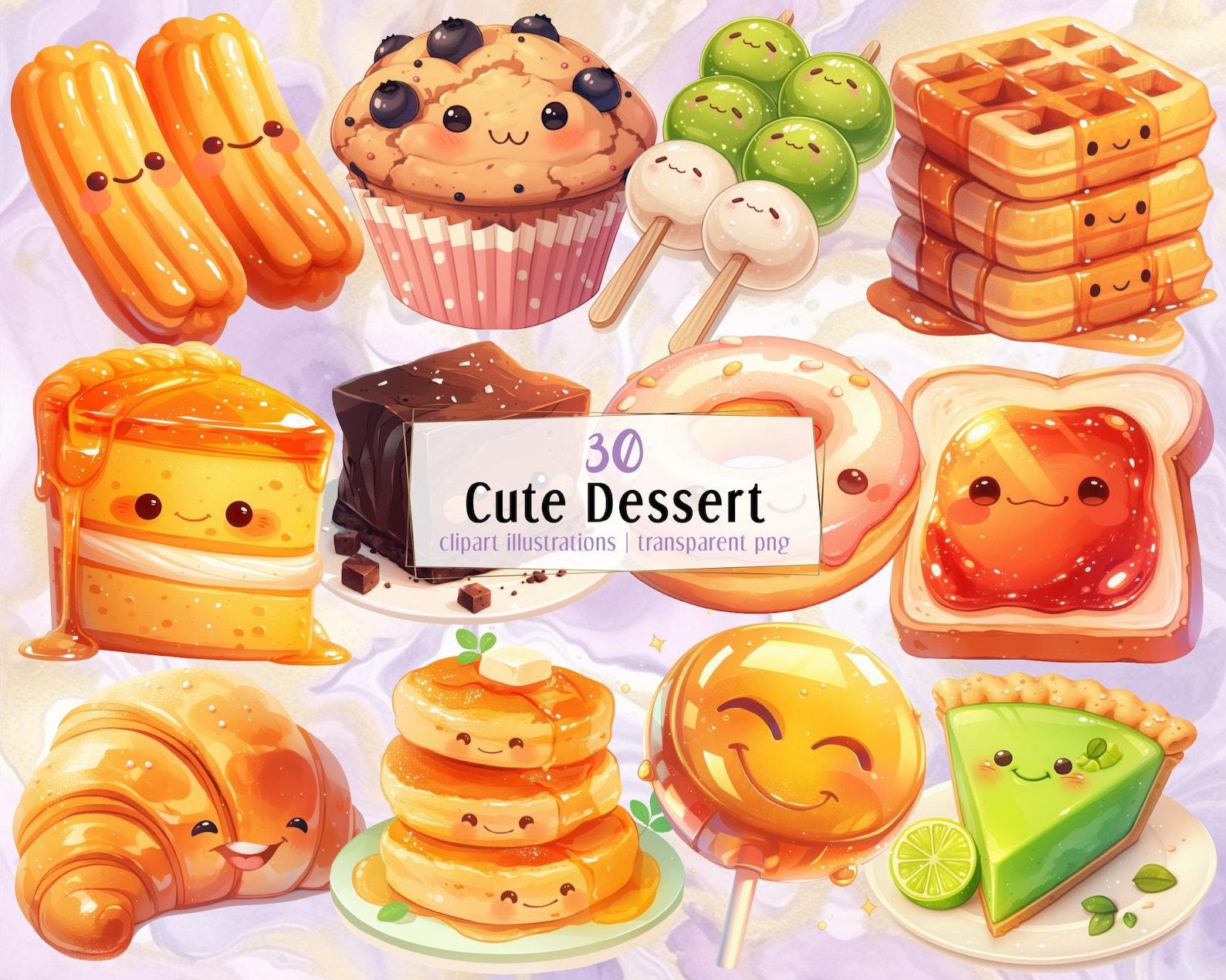 Cute Cartoon Dessert Illustrations. Simple Kawaii Treats With Adorable ...