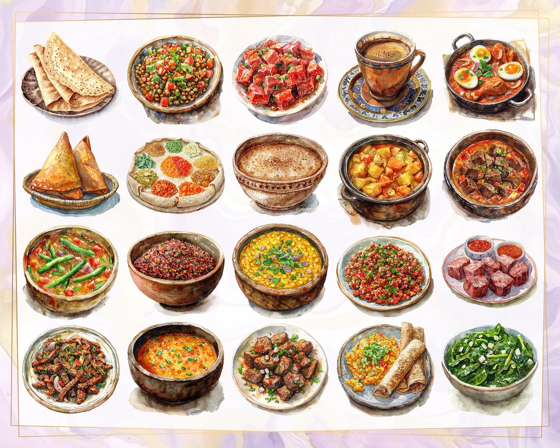 Ethiopian Cuisine Illustrations. Delicious Dishes, Food From African ...