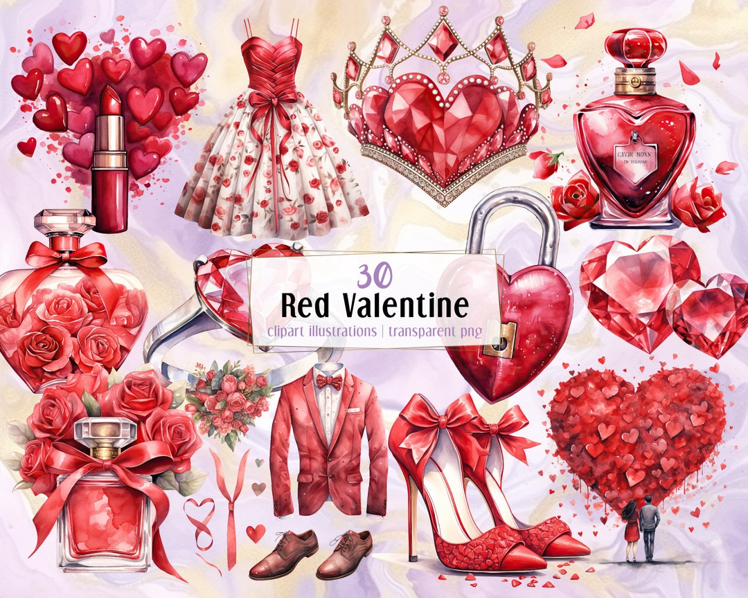 Red Valentine Illustrations. Romantic Valentine's Day Elements, Wedding ...