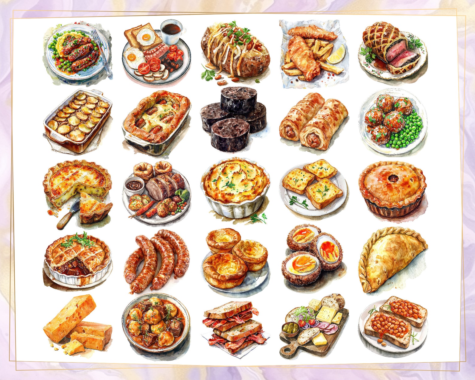 British Cuisine Illustrations. Delicious Dishes, UK Britain Food ...