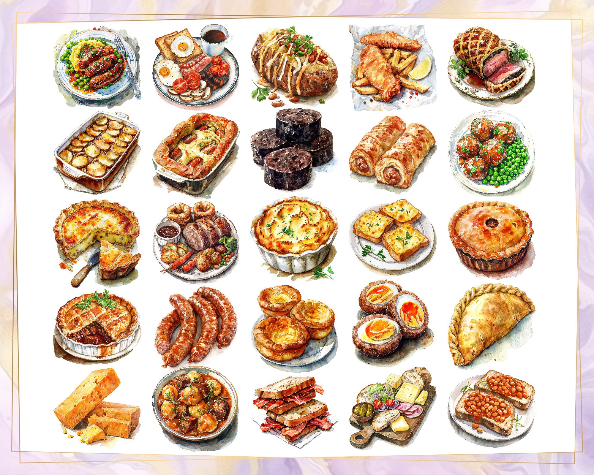 British Cuisine Illustrations. Delicious Dishes, UK Britain Food ...