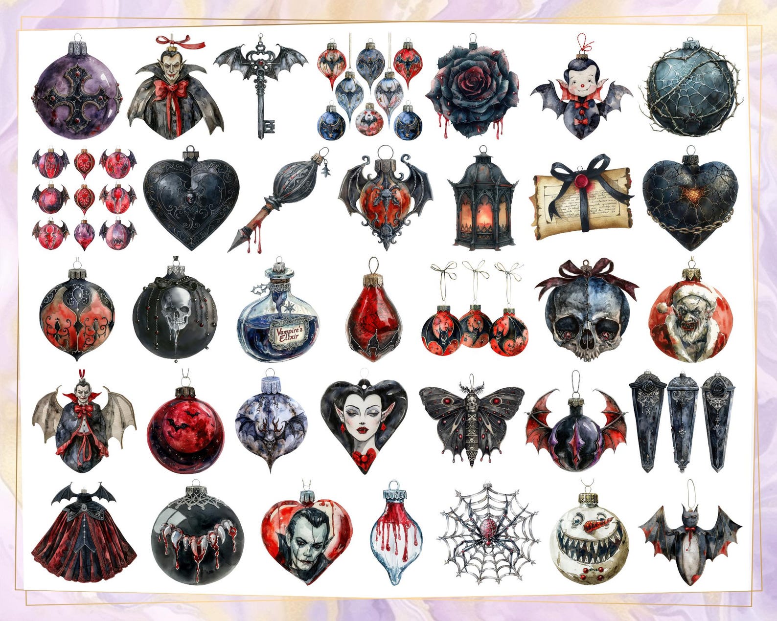 Vampire Christmas Ornaments Illustrations. Festive Dark Gothic Style ...