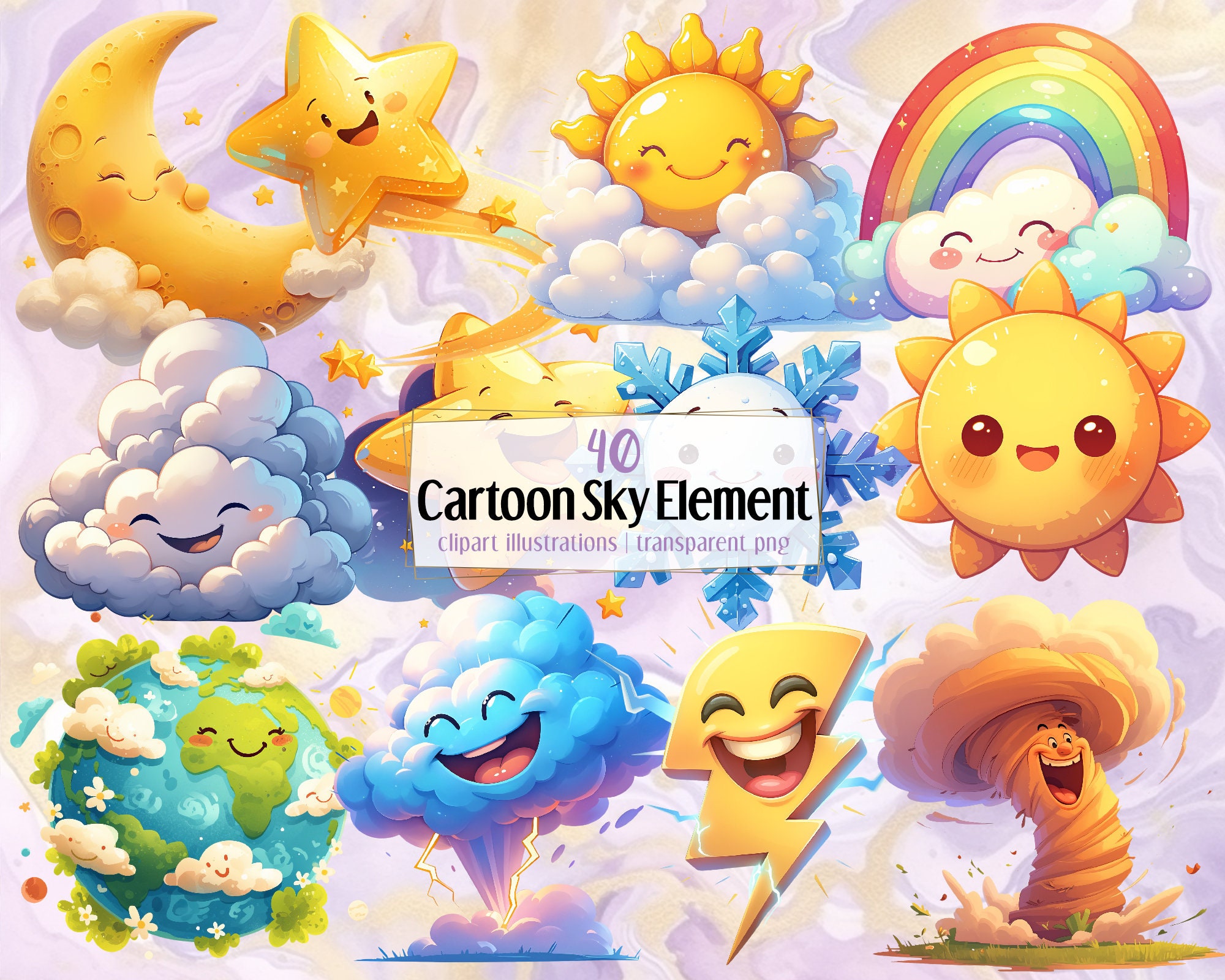 Cartoon Sky and Weather Elements, Digital Illustrations. Cute Happy ...