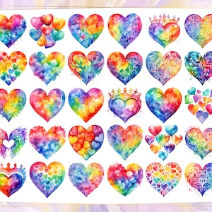 Rainbow Hearts. Watercolor Style Illustrations. Vivid Colorful Heart ...
