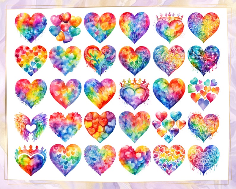 Rainbow Hearts. Watercolor Style Illustrations. Vivid Colorful Heart ...
