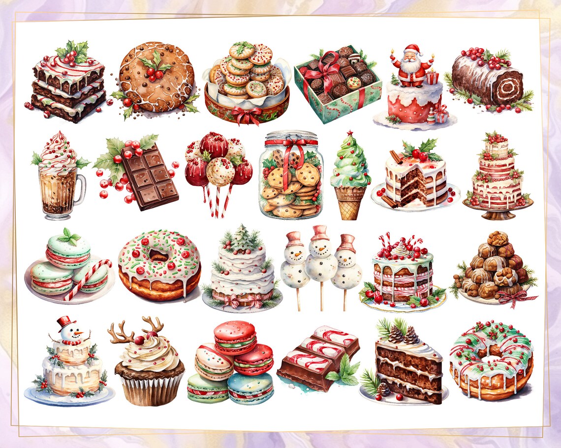 Christmas Themed Dessert. Watercolor Style Illustrations. Festive ...