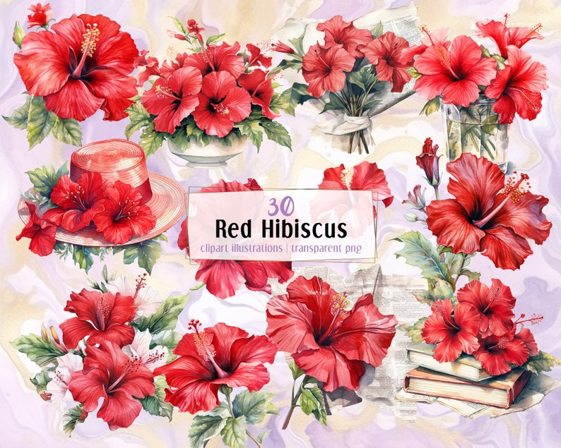 Red Hibiscus Flowers, Watercolor Style Illustrations. Floral Decoration ...