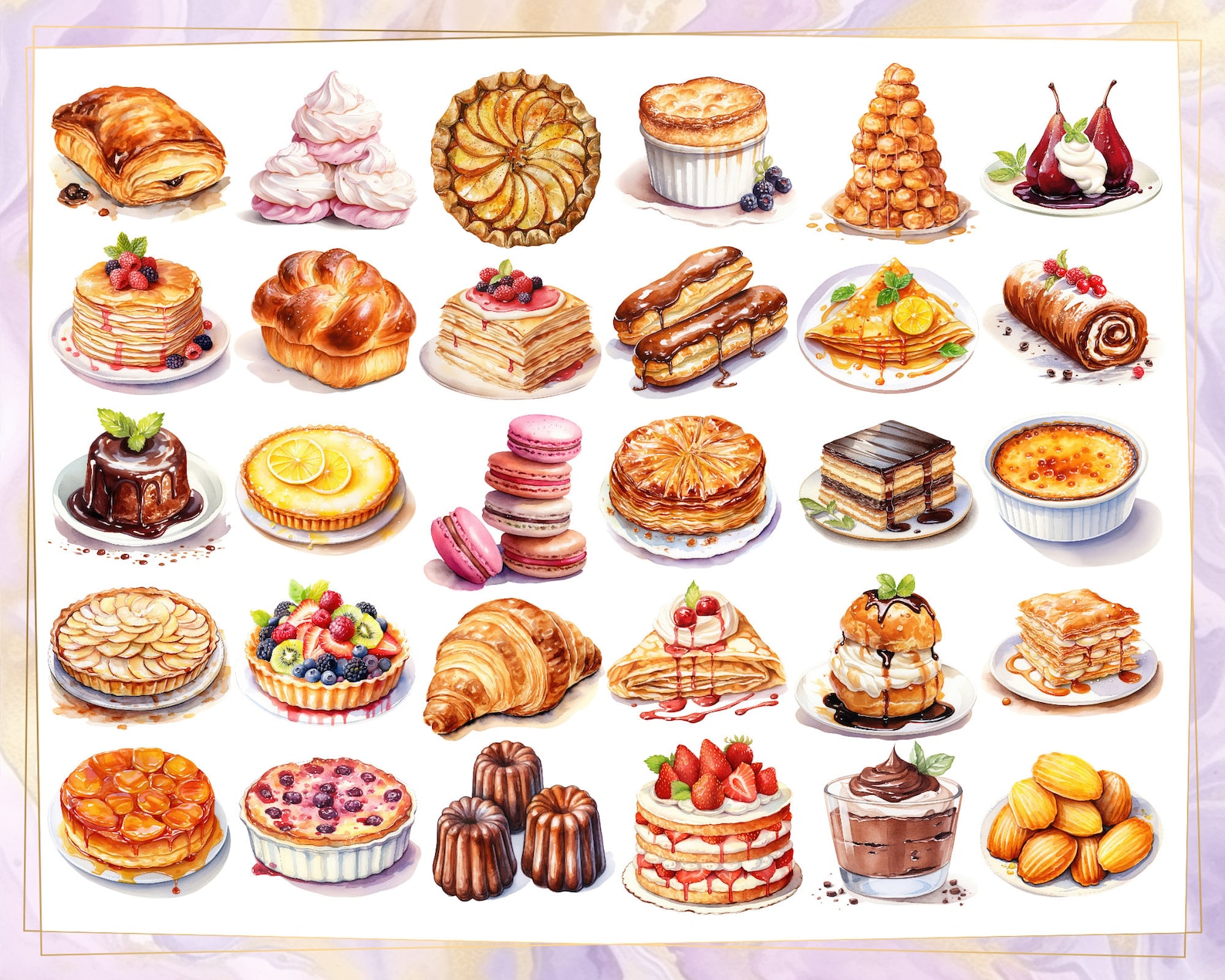 French Dessert Illustrations. Delicious Sweet Food From France, Baked ...