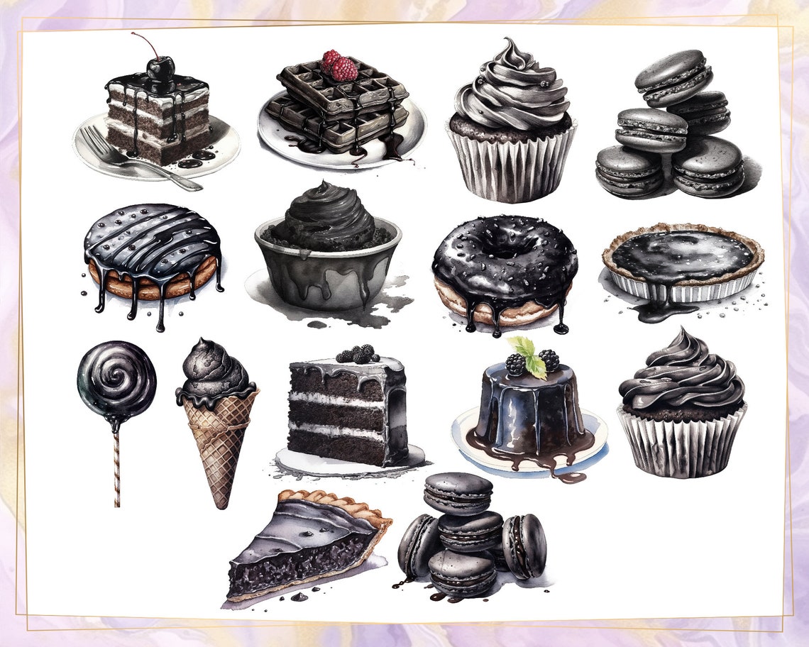Black Colored Desserts. Watercolor Style Illustrations. Charcoal ...