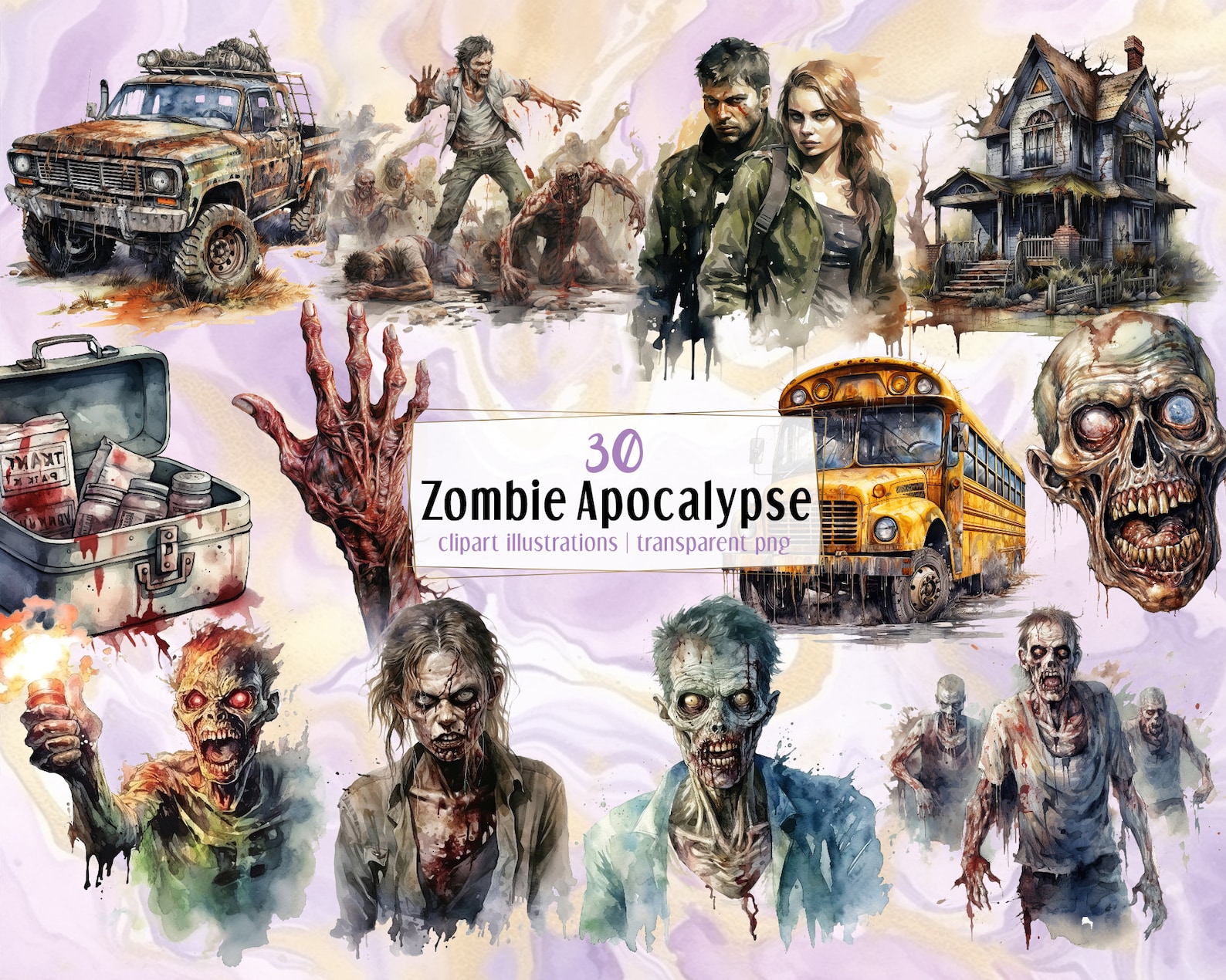 Zombie Apocalypse. Watercolor Style Illustrations. Horror Fantasy ...