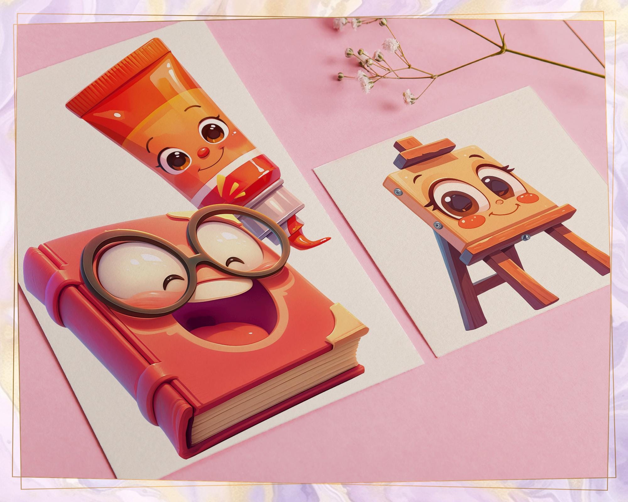 Cartoon School Supply Illustrations. Cute Funny Adorable Educational ...