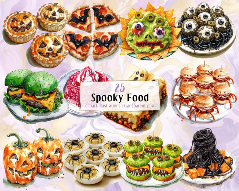 Spooky Food Illustrations. Halloween Horror Themed Savory Dishes ...