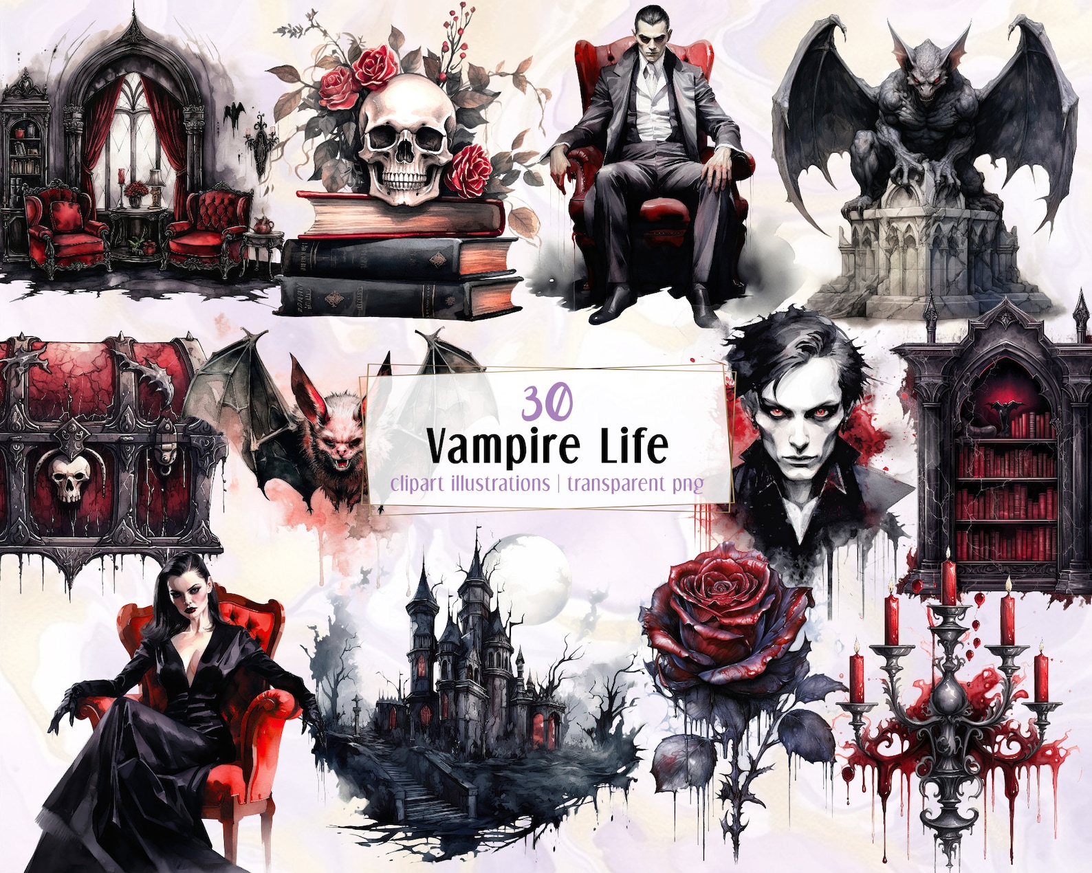 Vampire Life, Watercolor Style Illustrations. Dark Mysterious Gothic ...