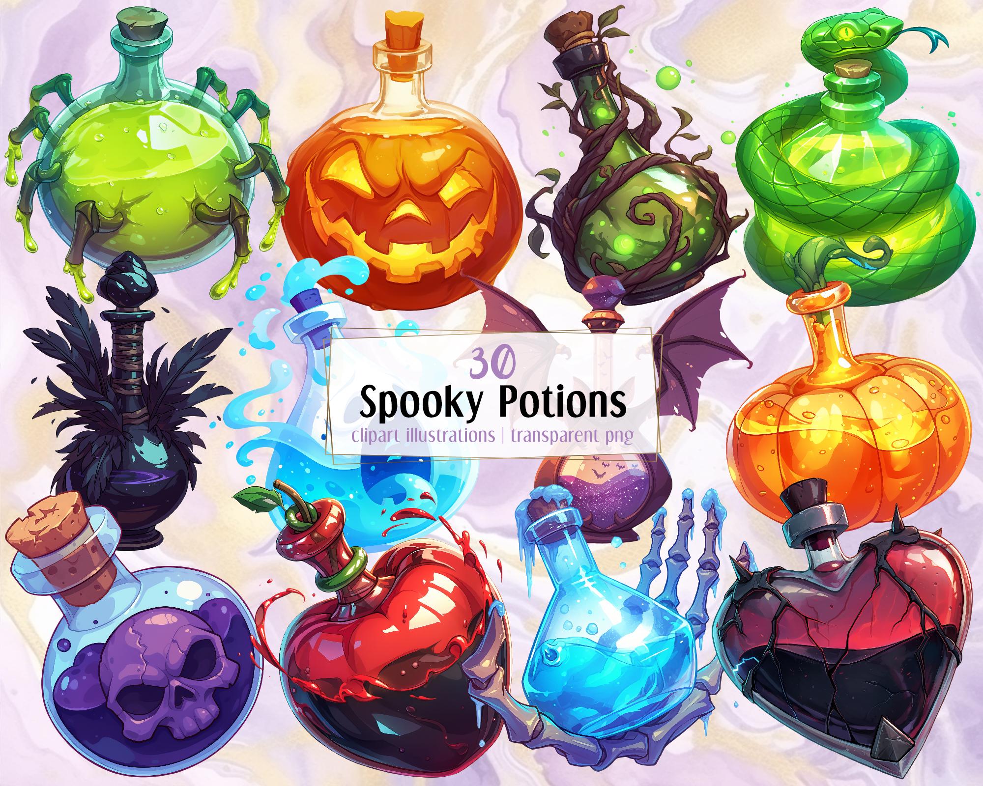 Cartoon Spooky Potions, Digital Illustrations. Colorful Horror Designs ...