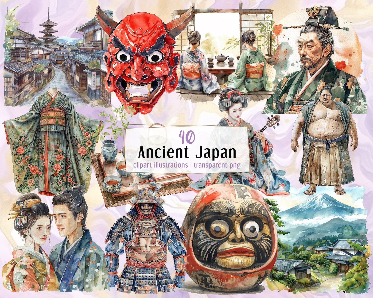 Ancient Japan Illustrations. Old Traditional Objects, People, Historic ...