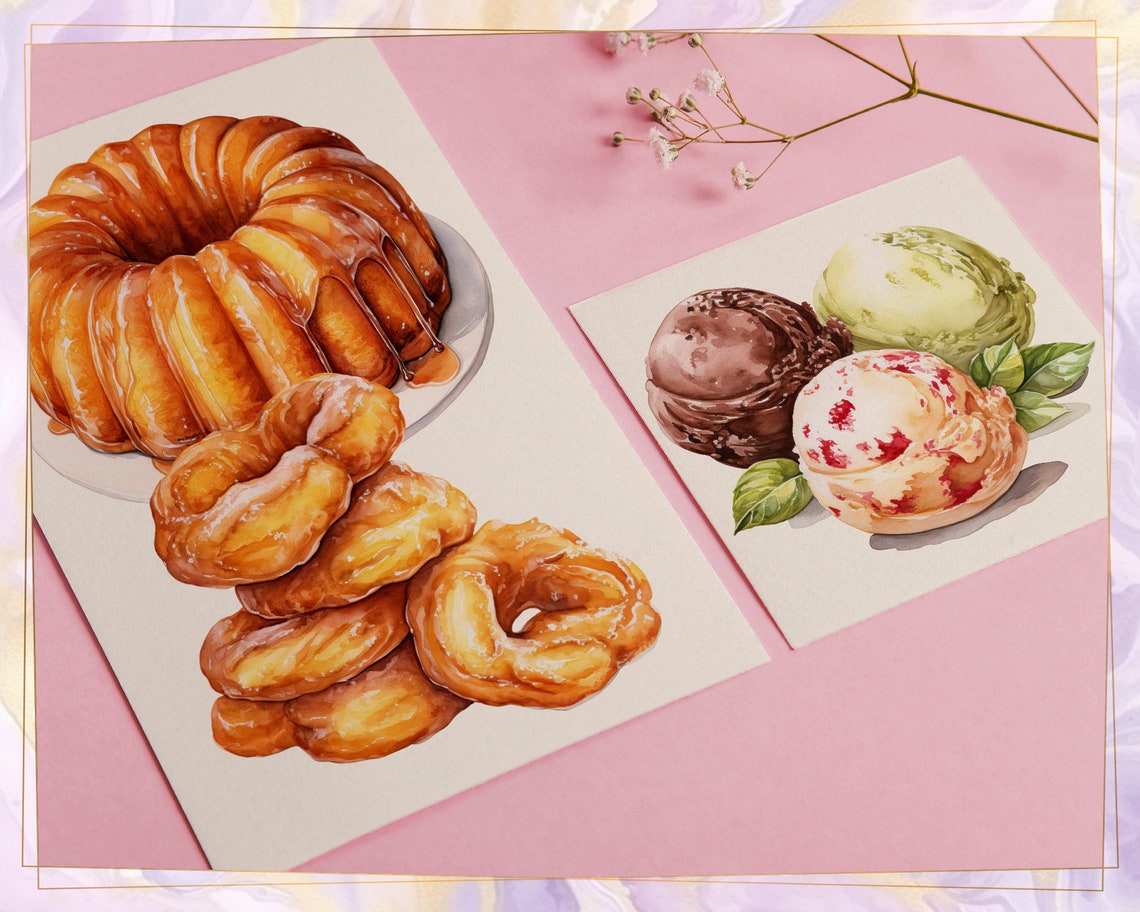 Italian Desserts, Watercolor Style Illustrations. Delicious Sweet ...