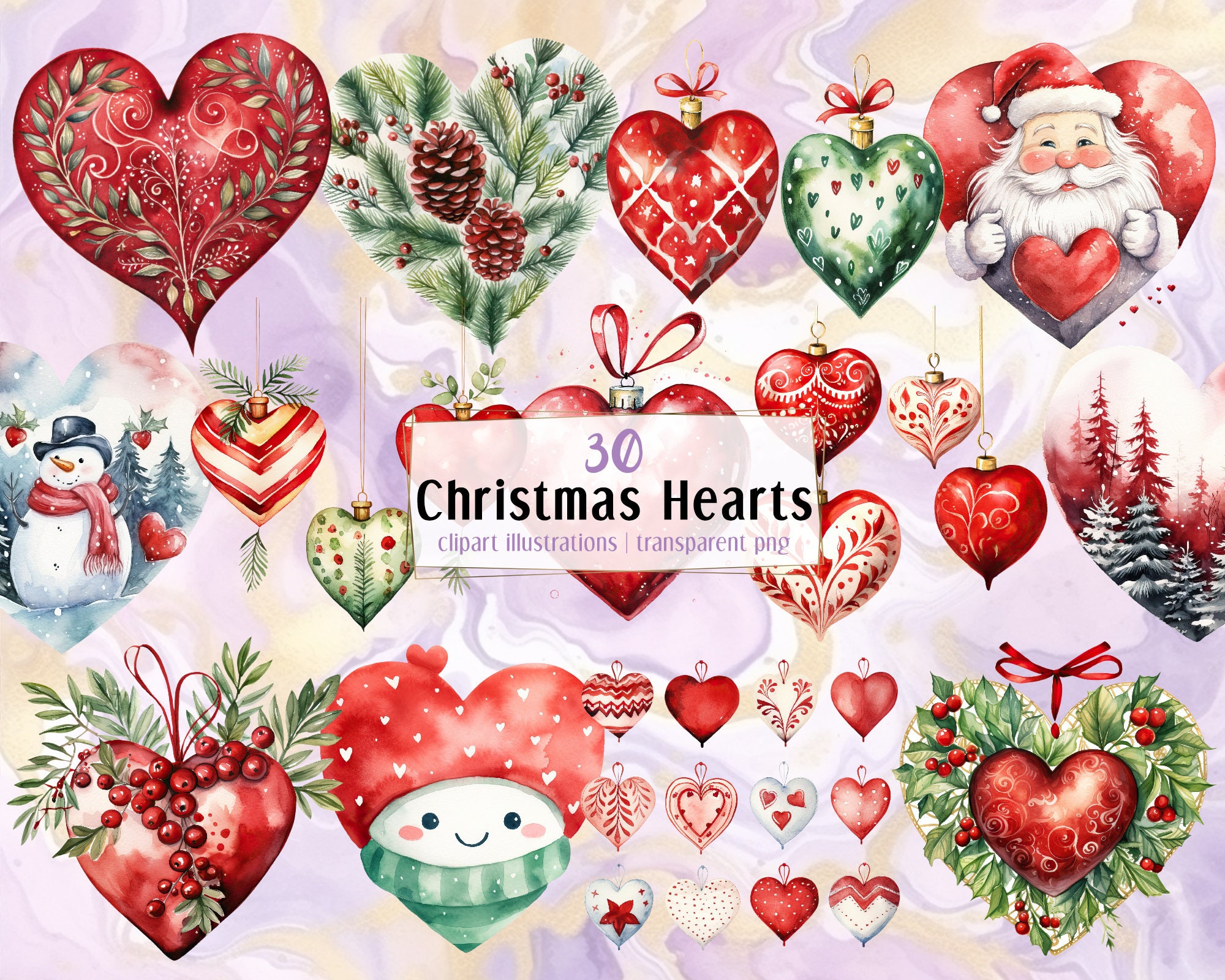 Christmas Hearts. Watercolor Style Illustrations. Festive Decorated ...