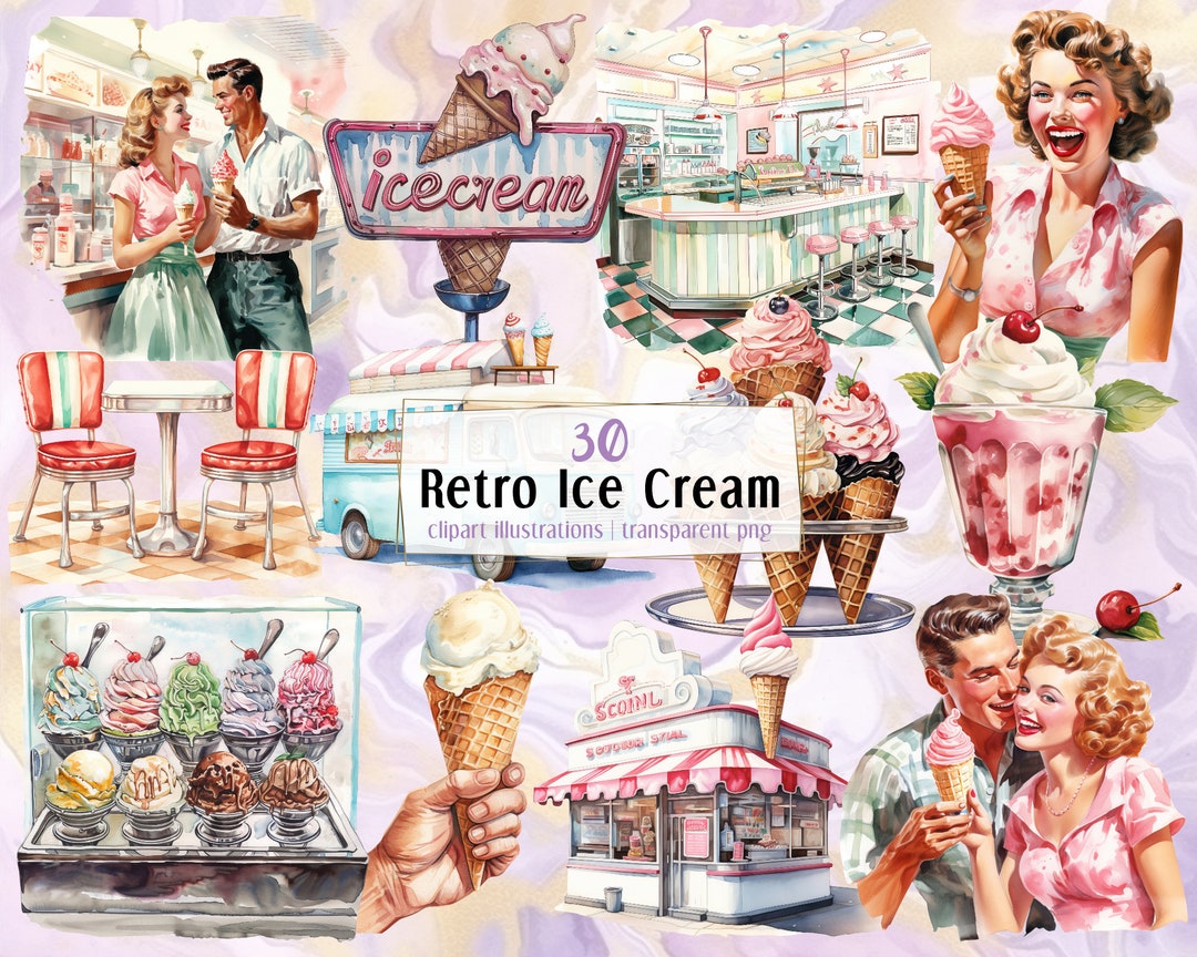Retro Ice Cream Parlor Illustrations. Vintage 50's Style Shop, Colorful ...