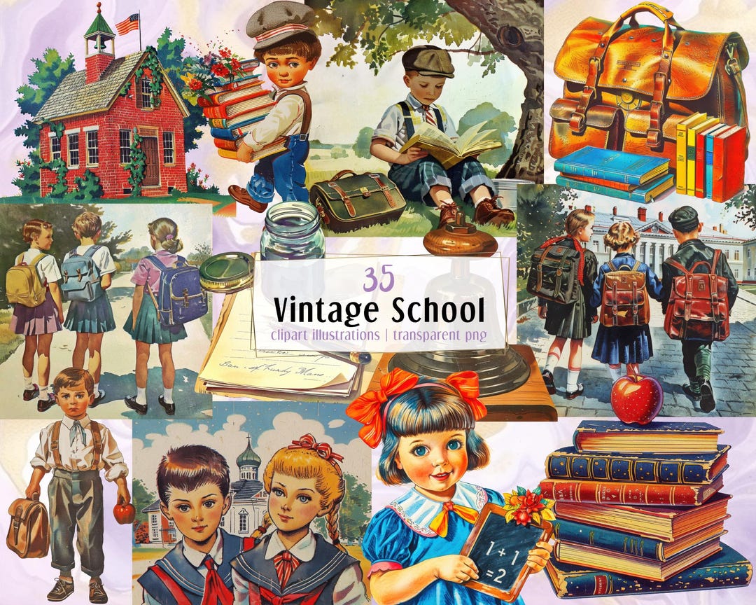 Vintage School | PNG Clip Art Illustrations. Retro Nostalgic Postcard ...