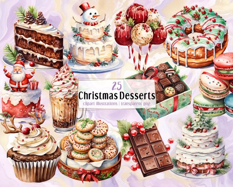 Christmas Themed Dessert. Watercolor Style Illustrations. Festive ...