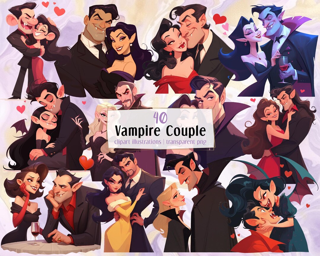 Cartoon Vampire Couple Illustrations. Cute Adorable Fairytale Fantasy Couples Characters, Pairs ...